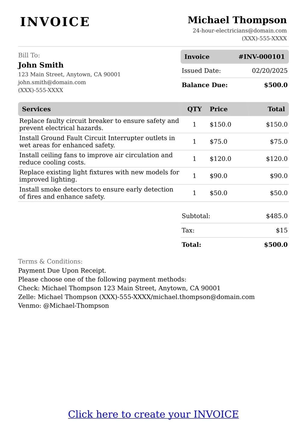 AroundWire: Free 24 Hour Electricians Invoice Template