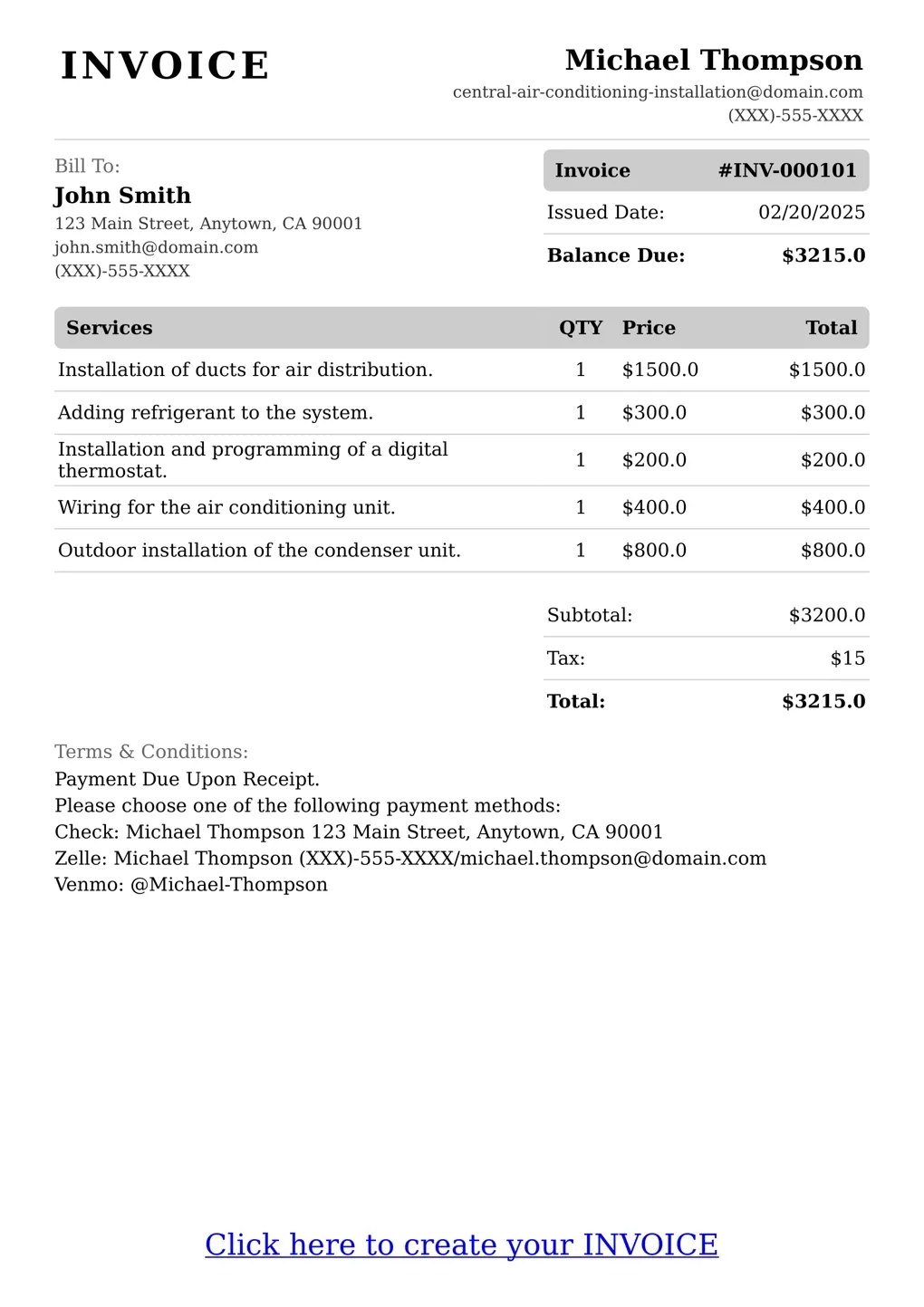 AroundWire: Free Central Air Conditioning Installation Invoice Template