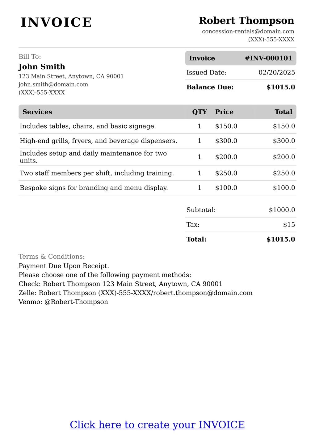 AroundWire: Free Concession Rentals Invoice Template