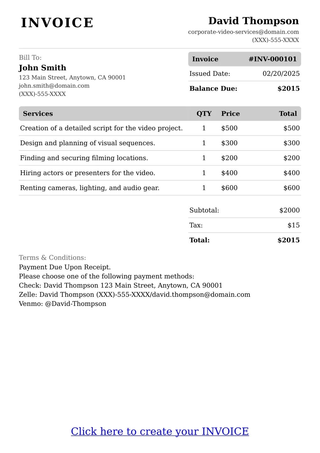 AroundWire: Free Corporate Video Services Invoice Template