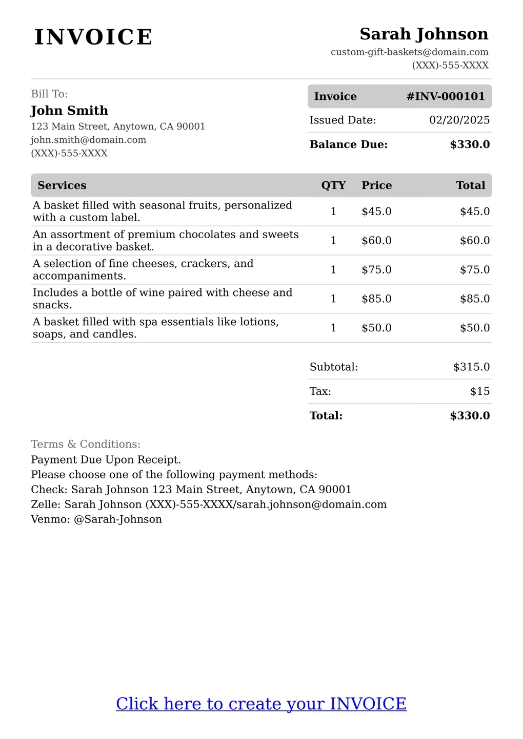 AroundWire: Free Custom Gift Baskets Invoice Template