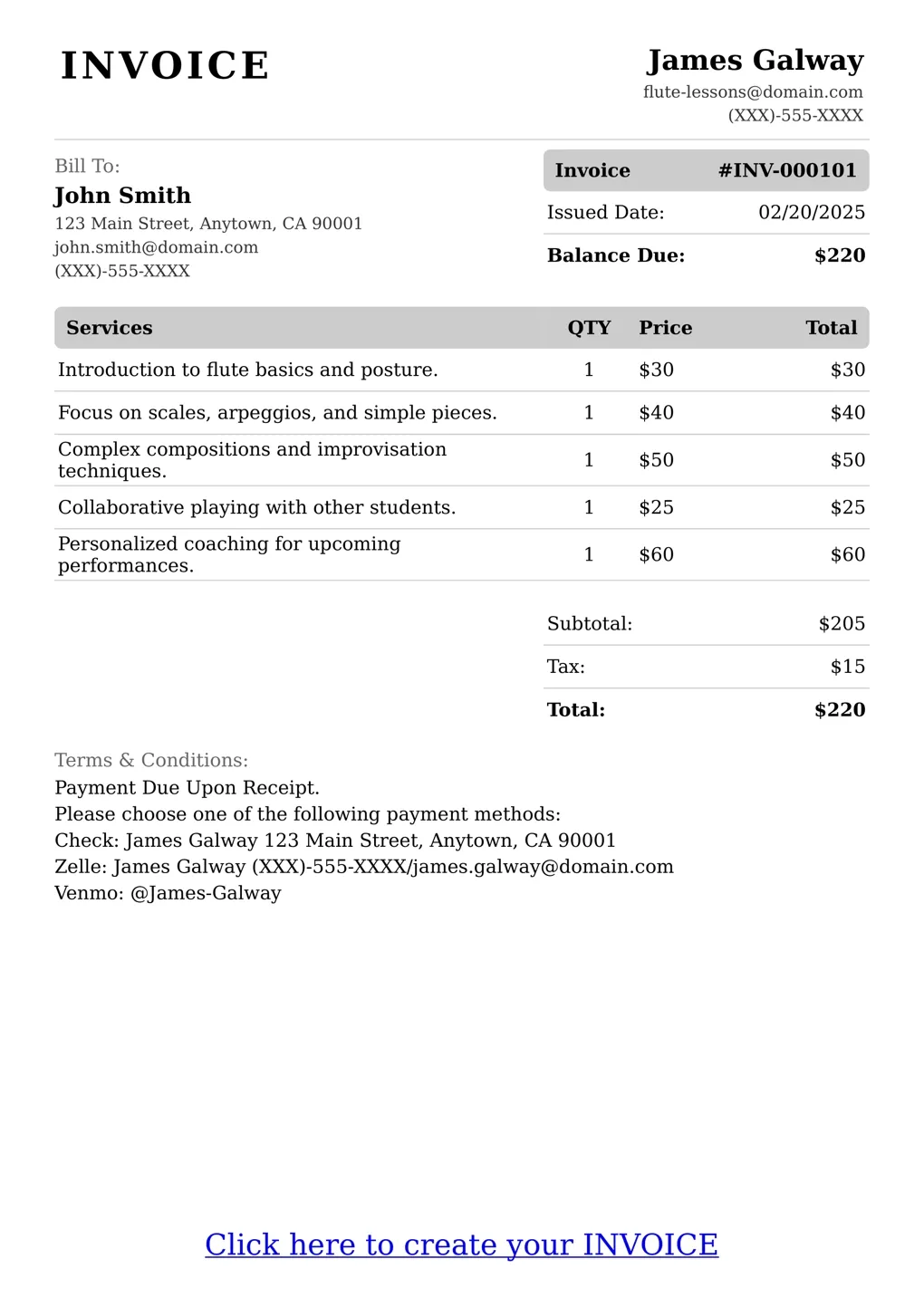 AroundWire: Free Flute Lessons Invoice Template