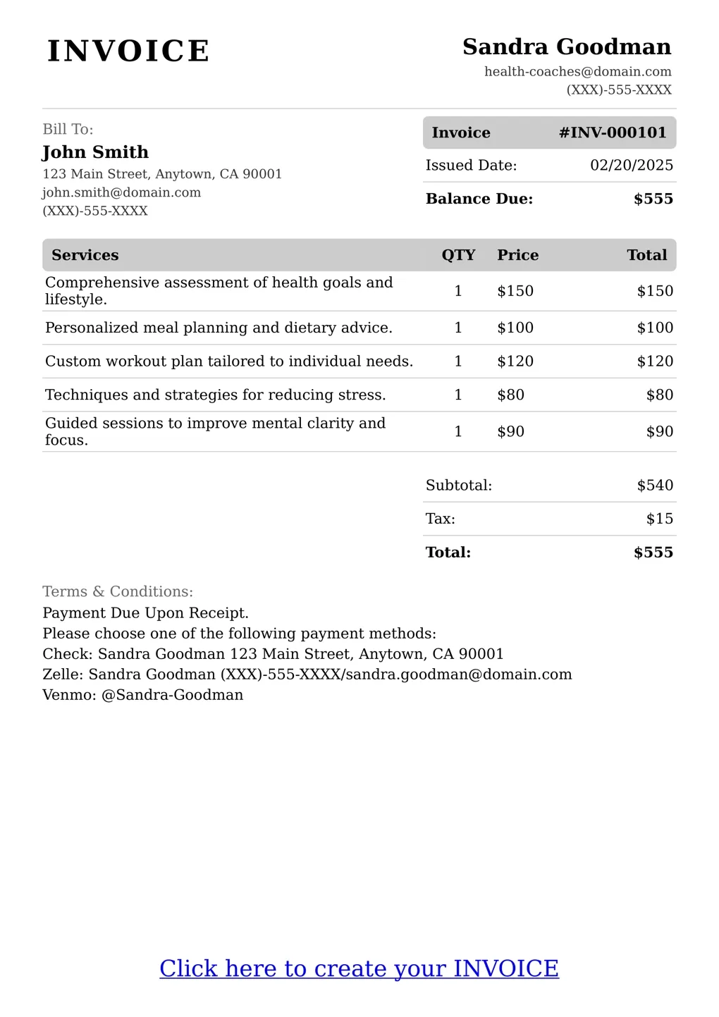 AroundWire: Free Health Coaches Invoice Template