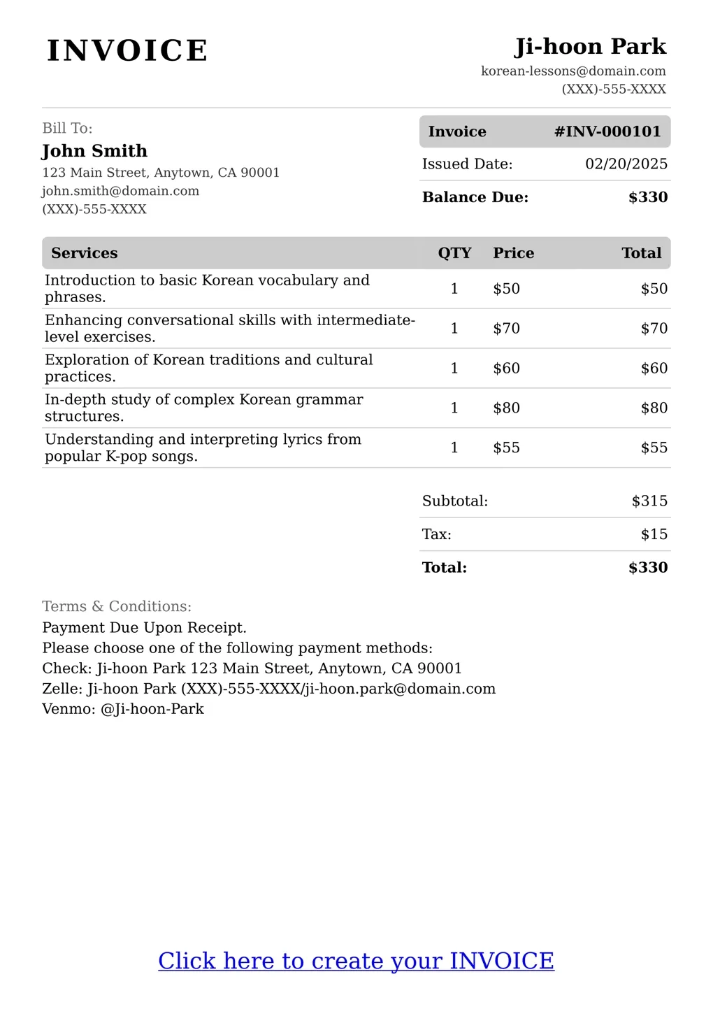 AroundWire: Free Korean Lessons Invoice Template