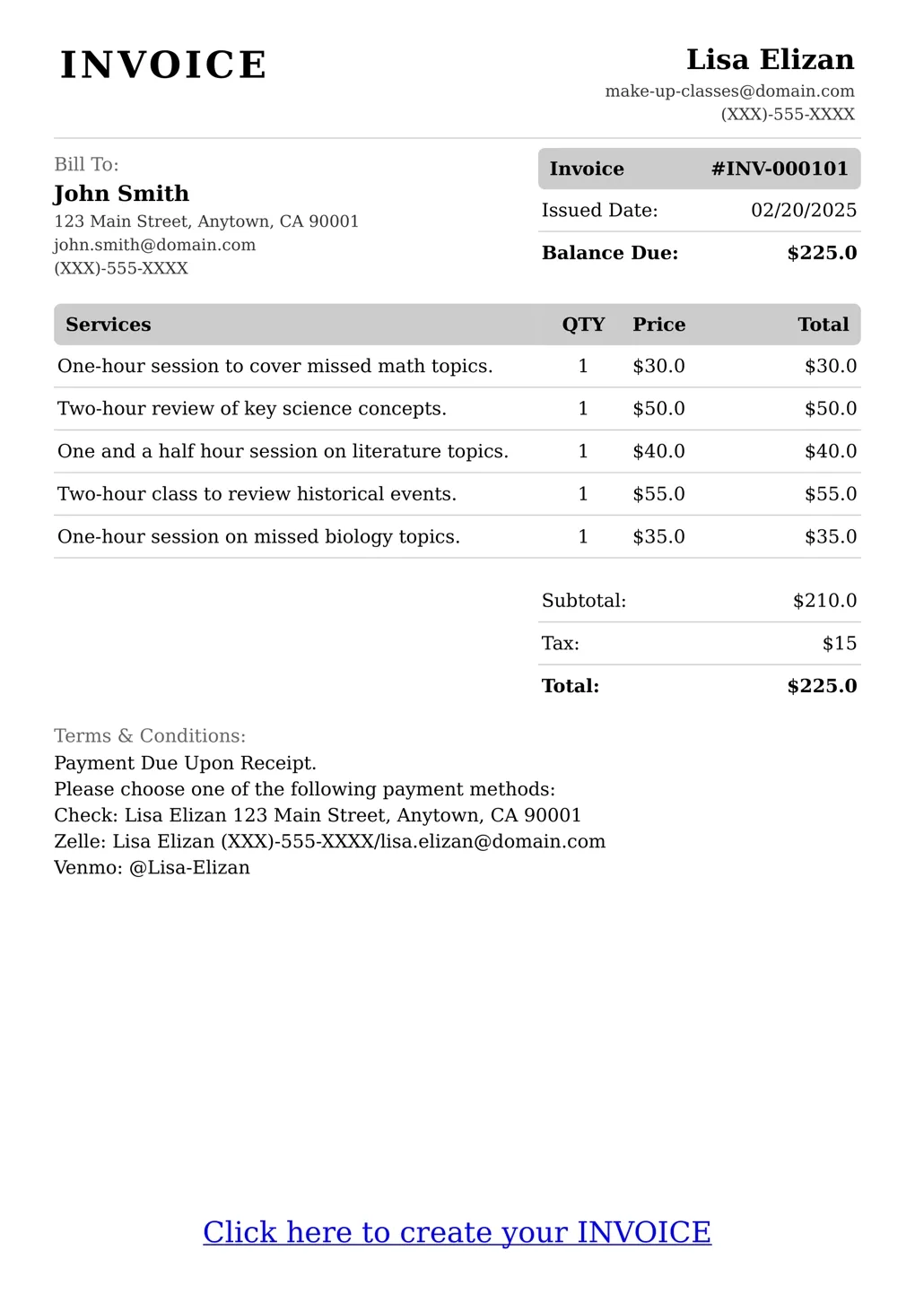 AroundWire: Free Make Up Classes Invoice Template