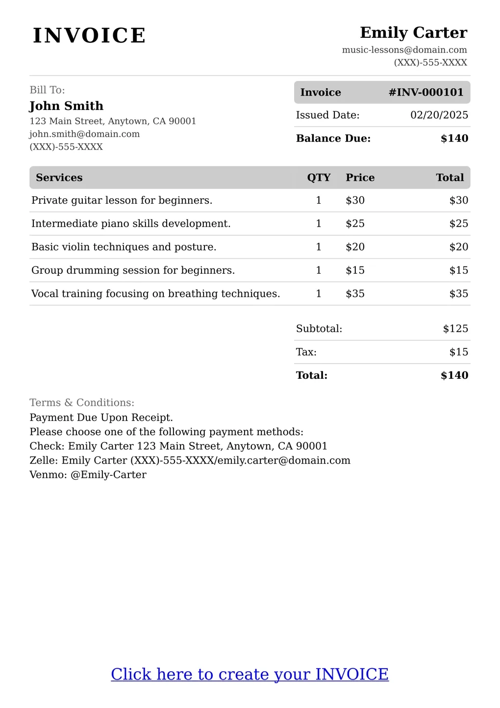 AroundWire: Free Music Lessons Invoice Template