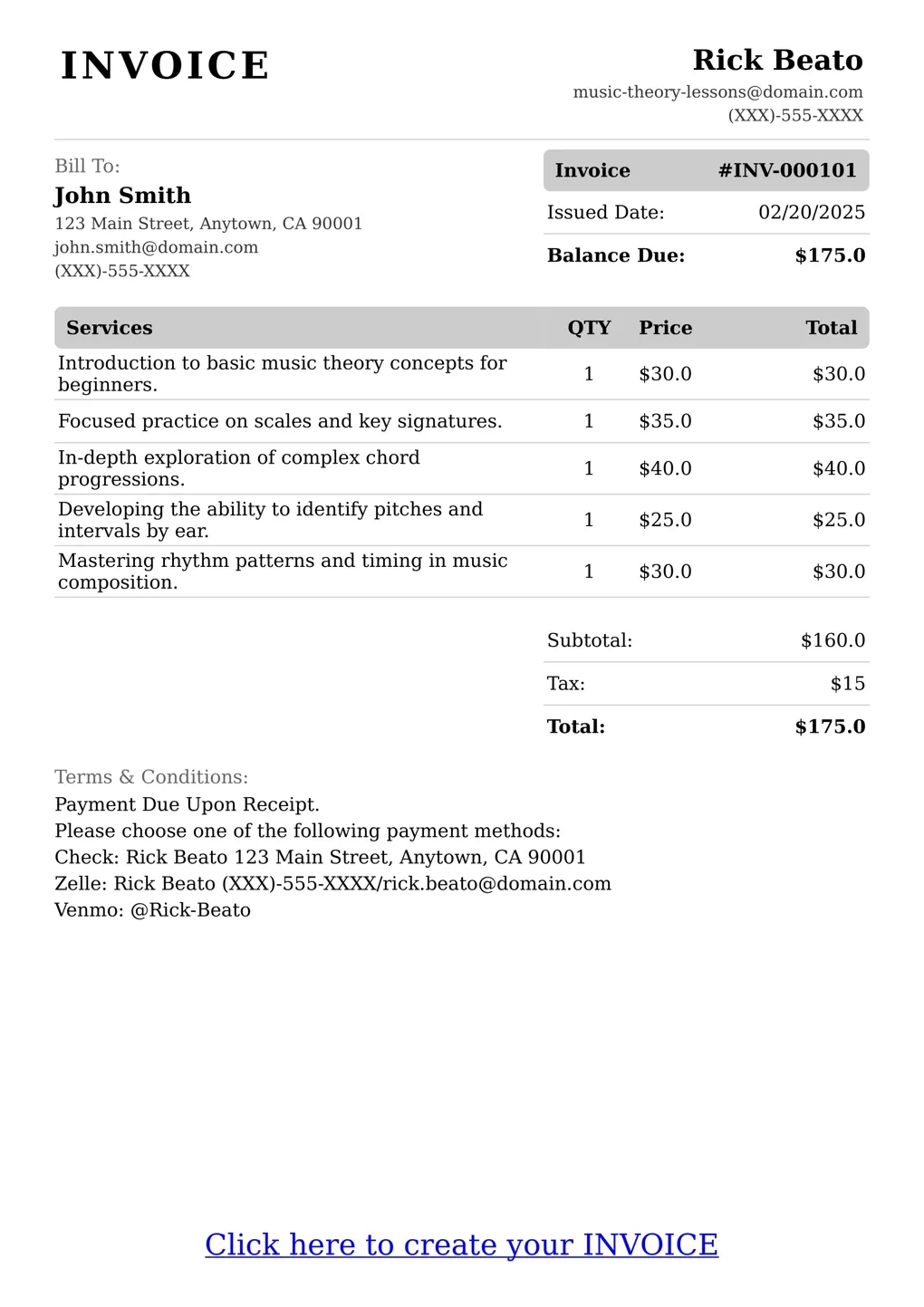 AroundWire: Free Music Theory Lessons Invoice Template