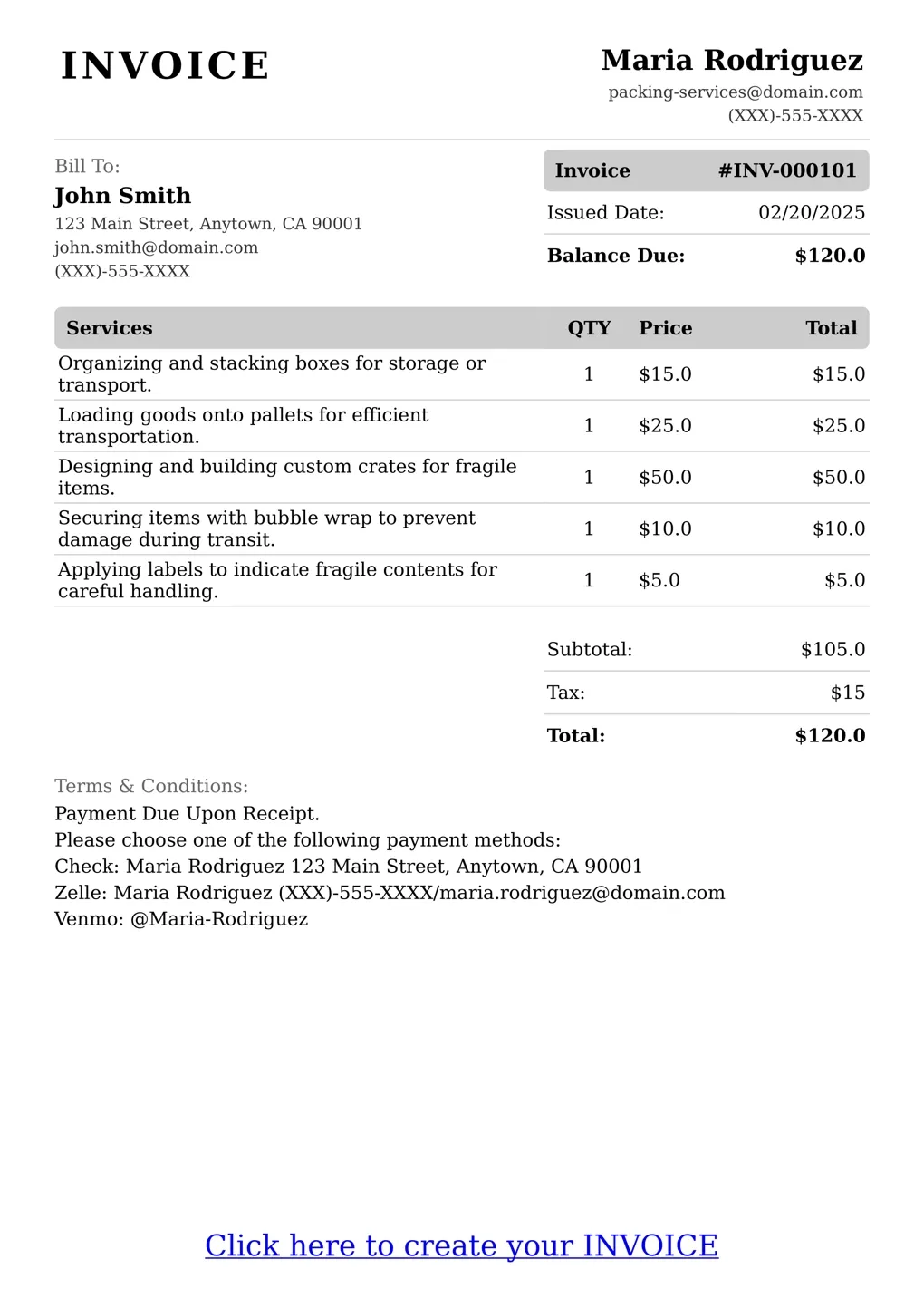AroundWire: Free Packing Services Invoice Template