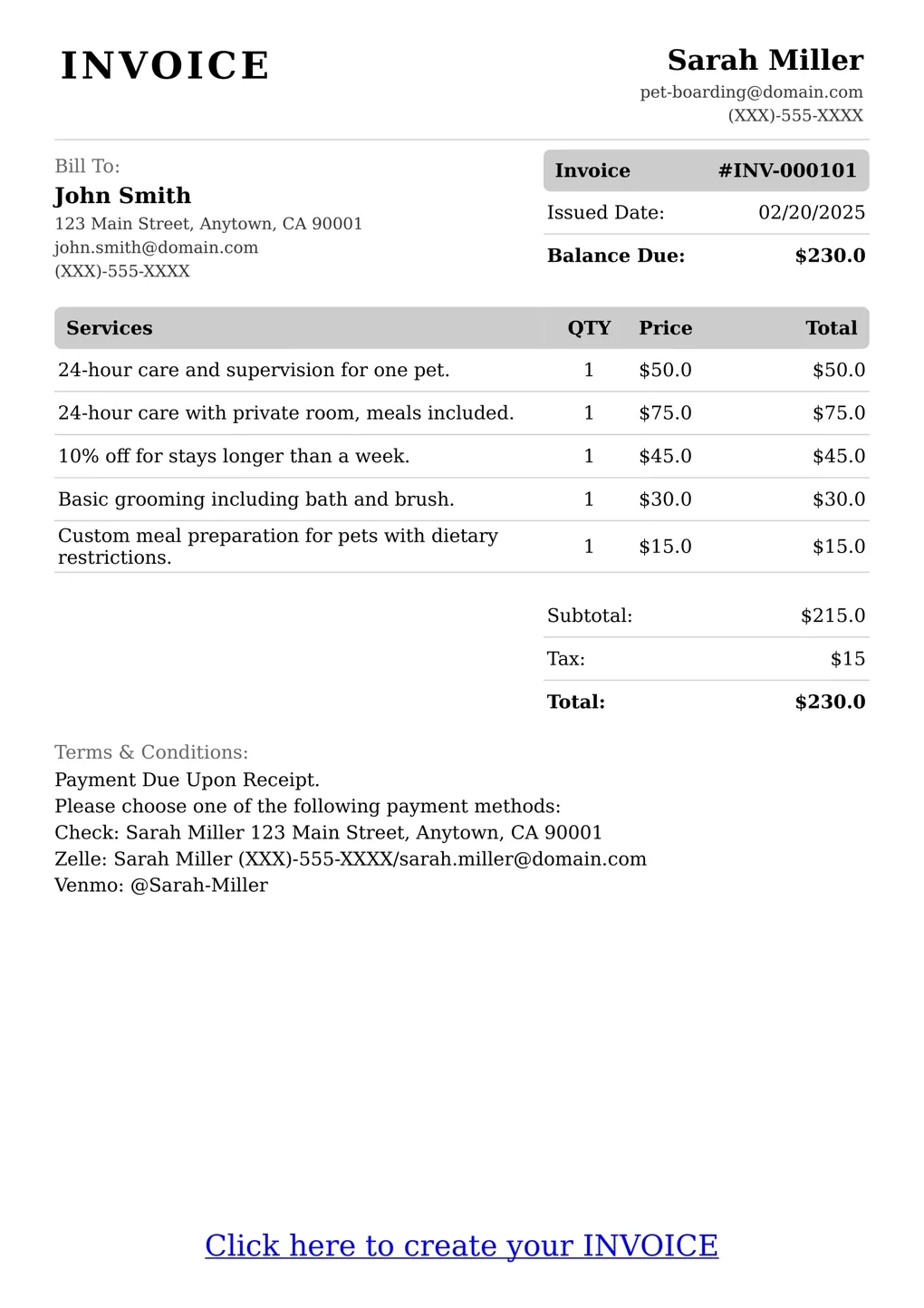 AroundWire: Free Pet Boarding Invoice Template