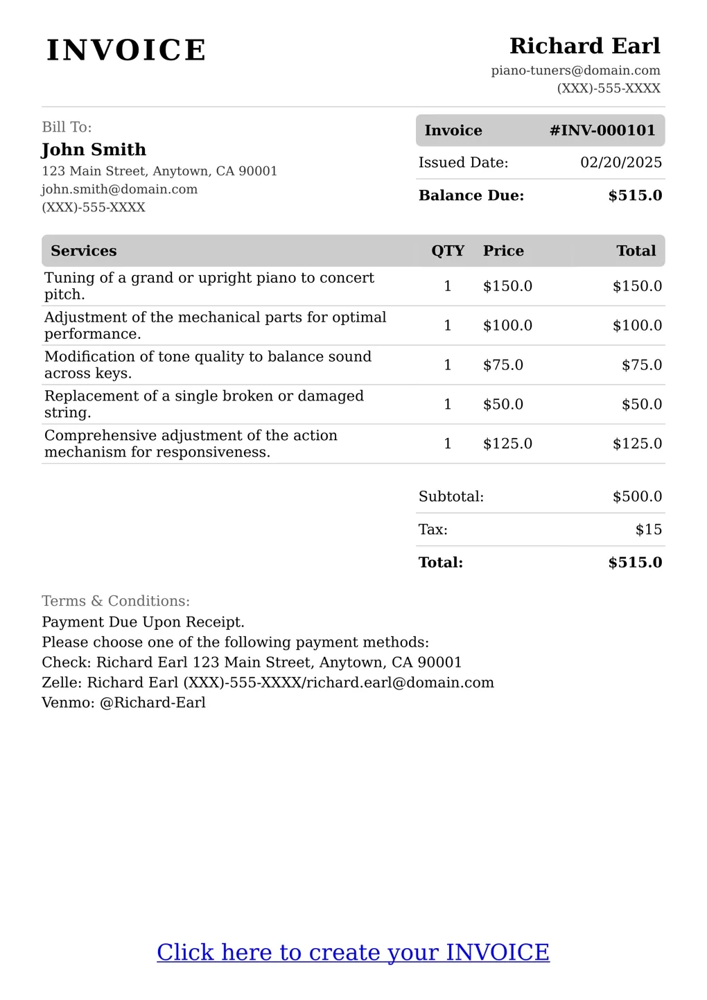 AroundWire: Free Piano Tuners Invoice Template