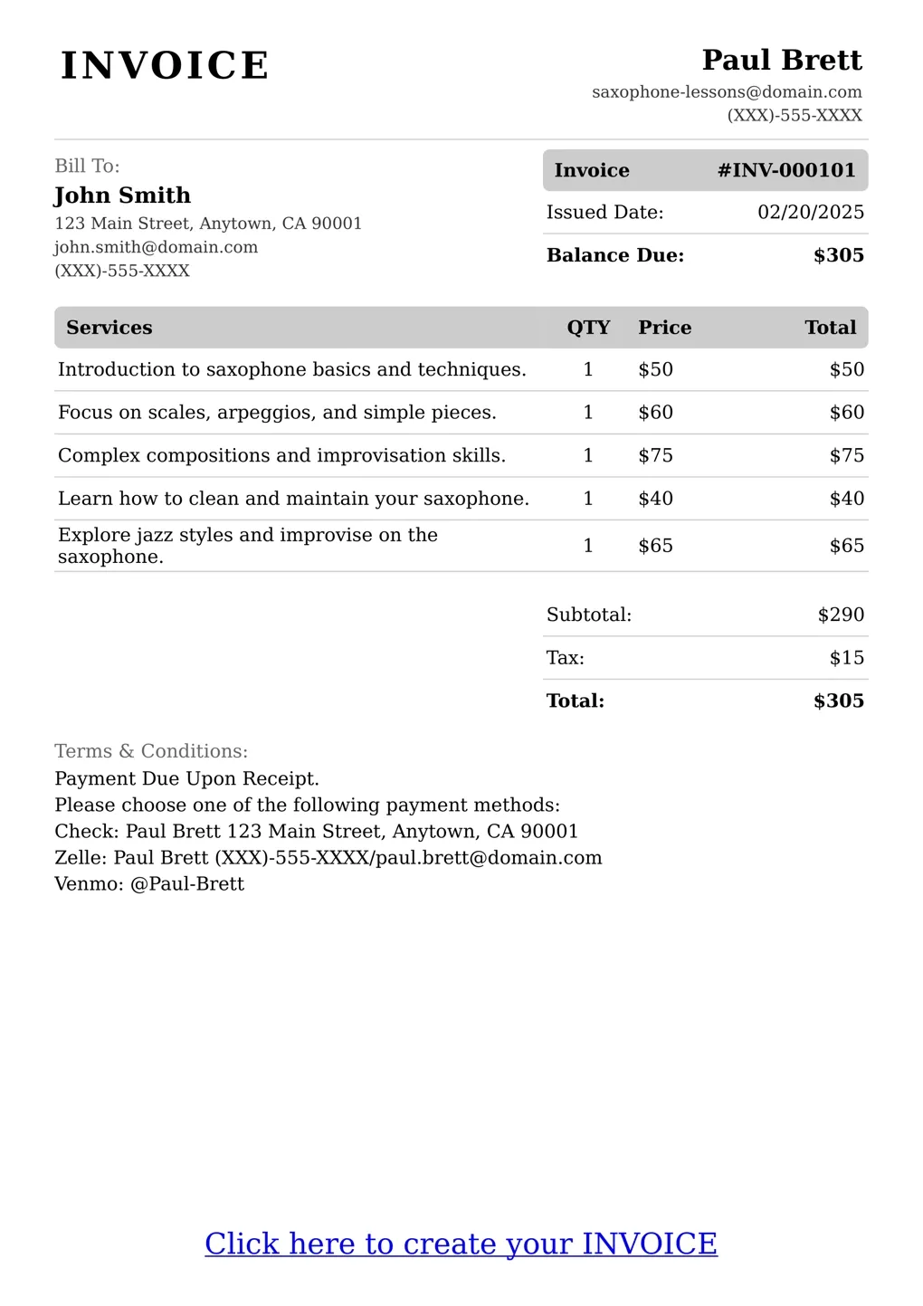 AroundWire: Free Saxophone Lessons Invoice Template