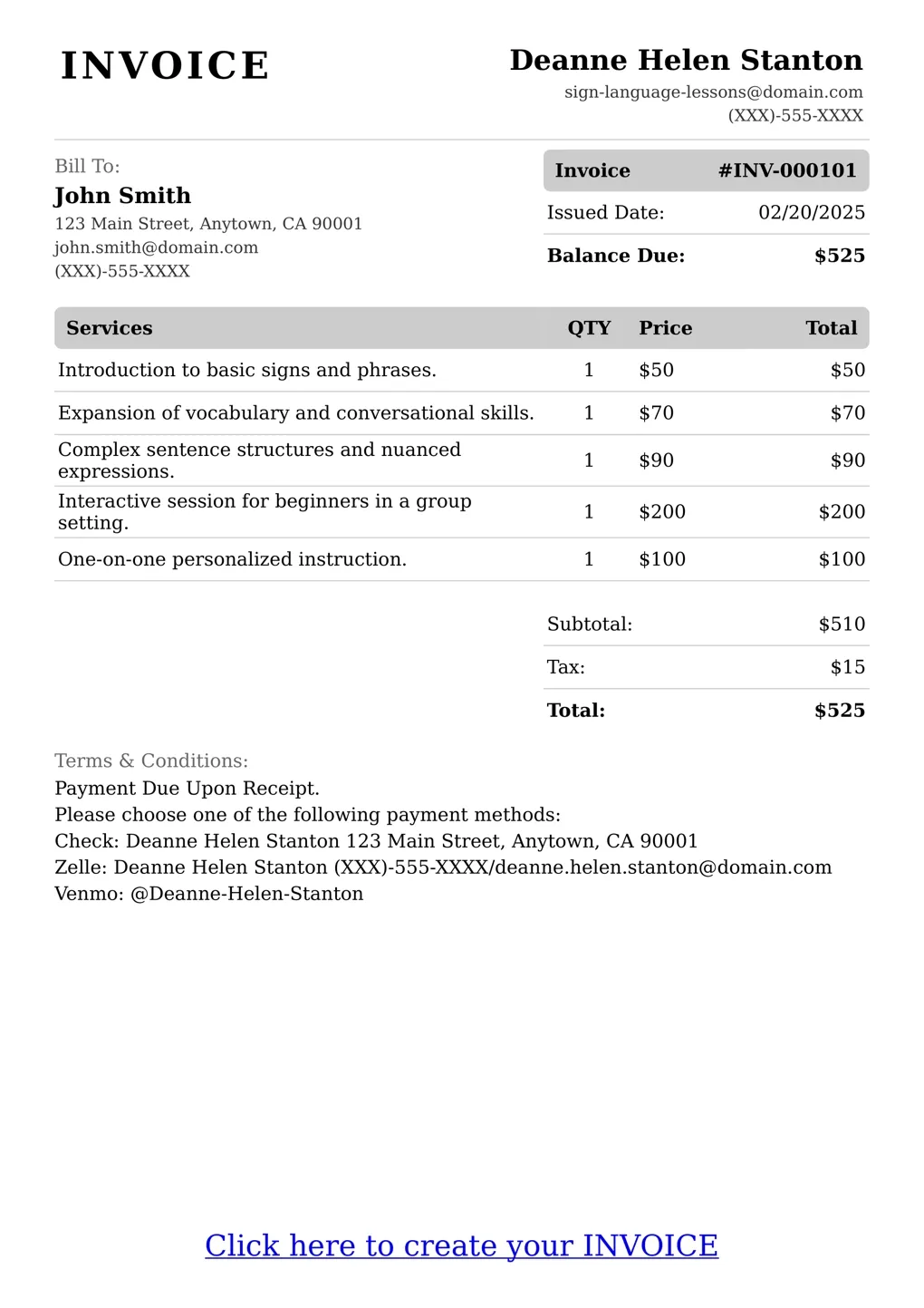 AroundWire: Free Sign Language Lessons Invoice Template