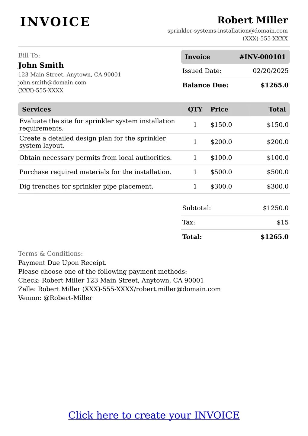 AroundWire: Free Sprinkler Systems Installation Invoice Template