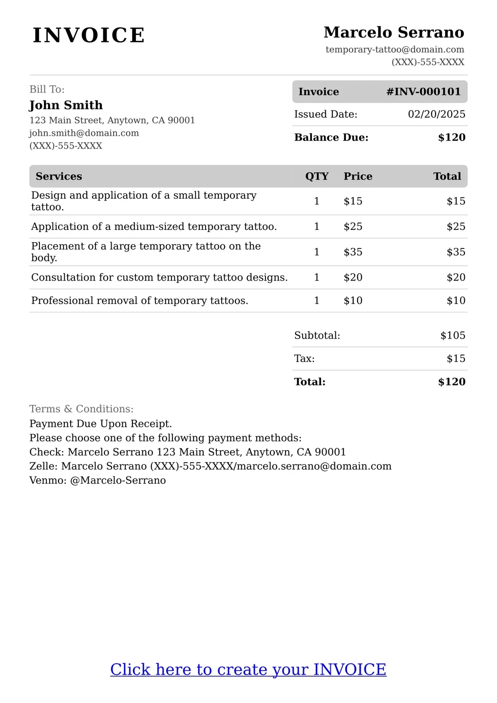 AroundWire: Free Temporary Tattoo Invoice Template