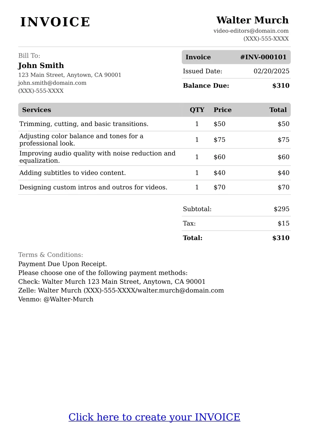 AroundWire: Free Video Editors Invoice Template