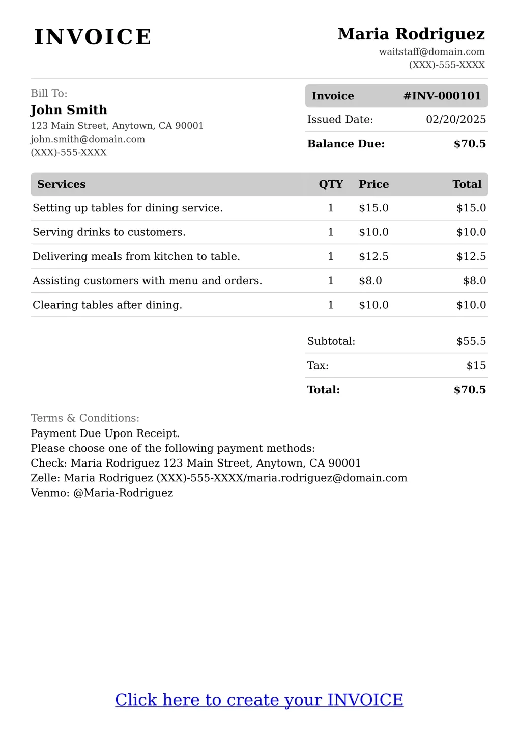 AroundWire: Free Waitstaff Invoice Template