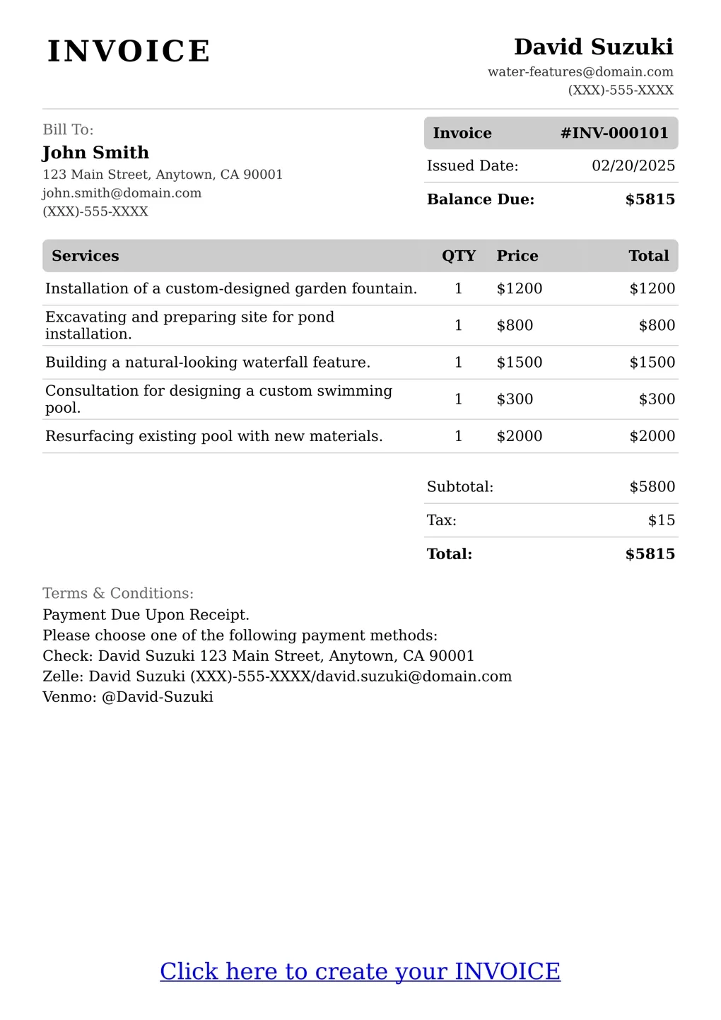 AroundWire: Free Water Features Invoice Template