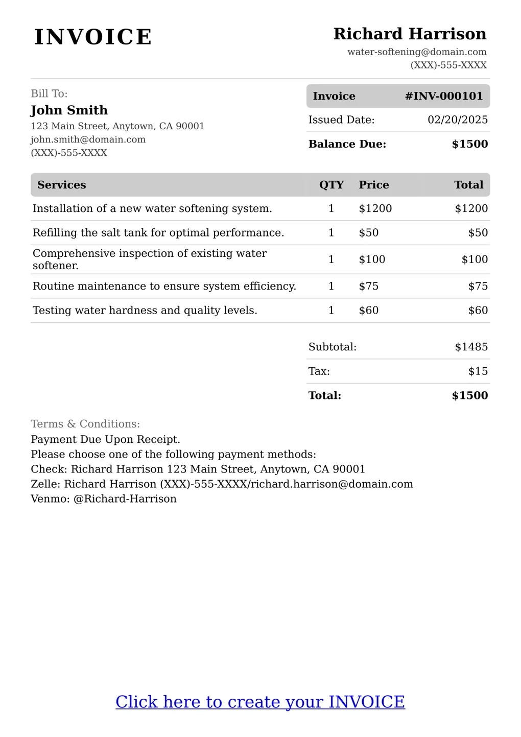 AroundWire: Free Water Softening Invoice Template