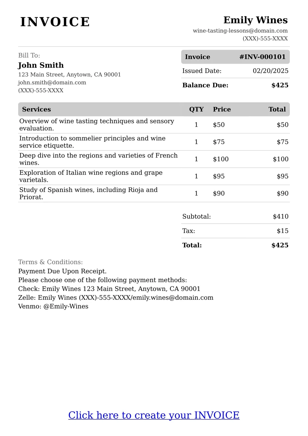 AroundWire: Free Wine Tasting Lessons Invoice Template